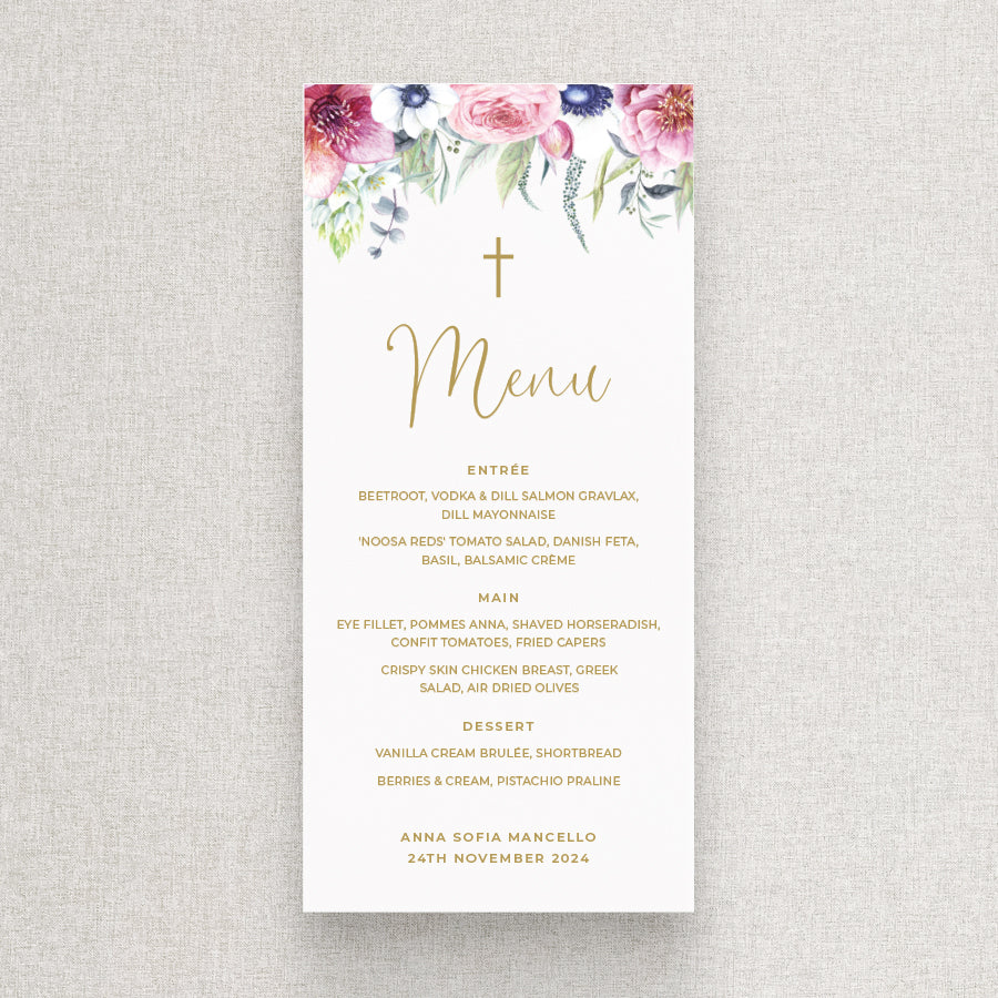 Beautiful Pink Floral and Gold Baptism or Christening Menu – Peach ...