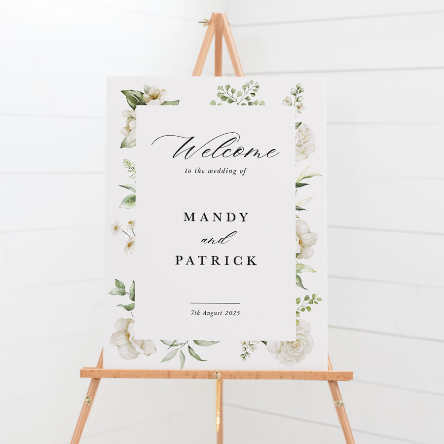 White Floral Wedding Welcome Sign - Mandy – Peach Perfect Stationery